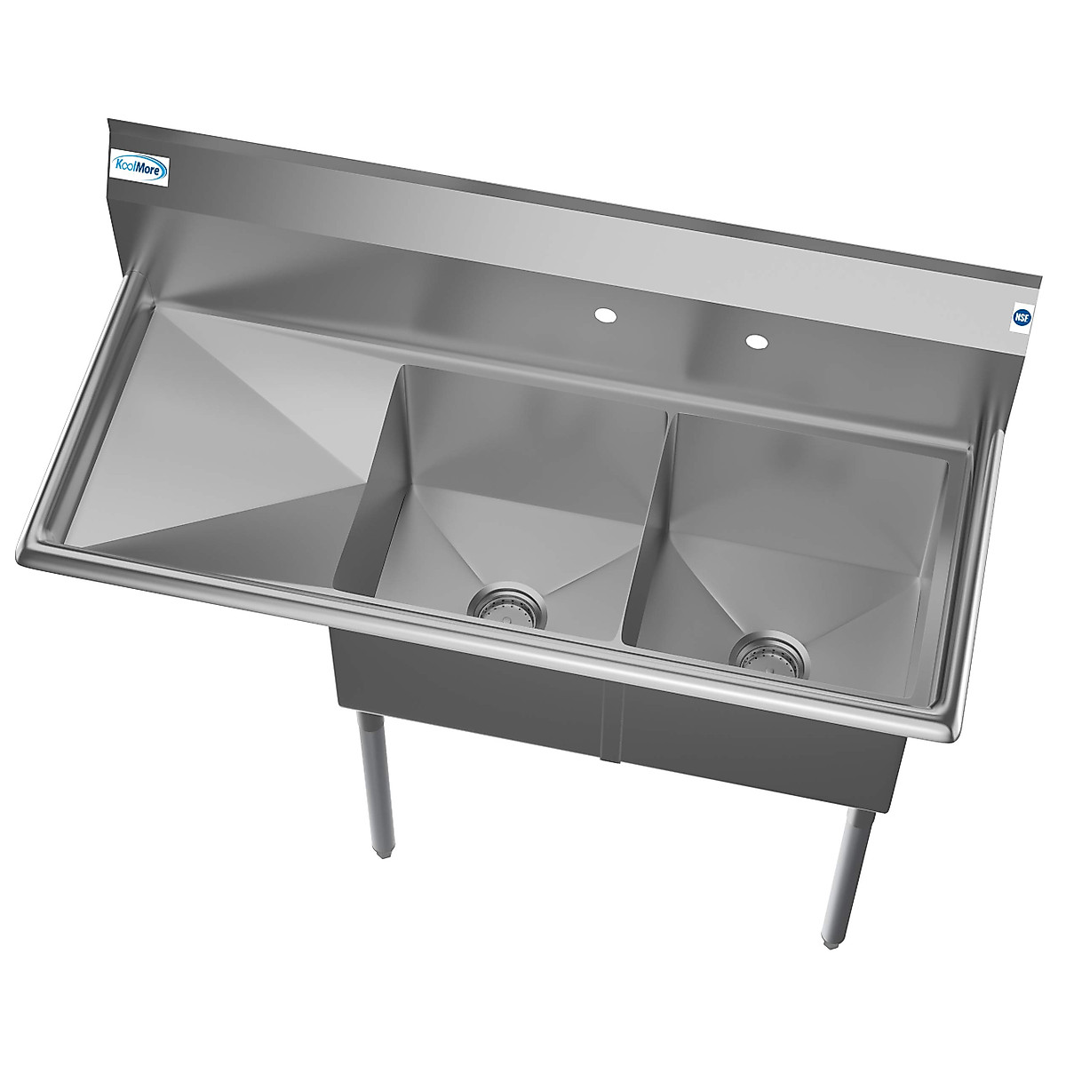 KoolMore 2 Compartment Stainless Steel NSF Commercial Kitchen Prep & Utility Sink with 2 Drainboards - Bowl Size 15" x 15" x 12", Silver, Left Drainboard