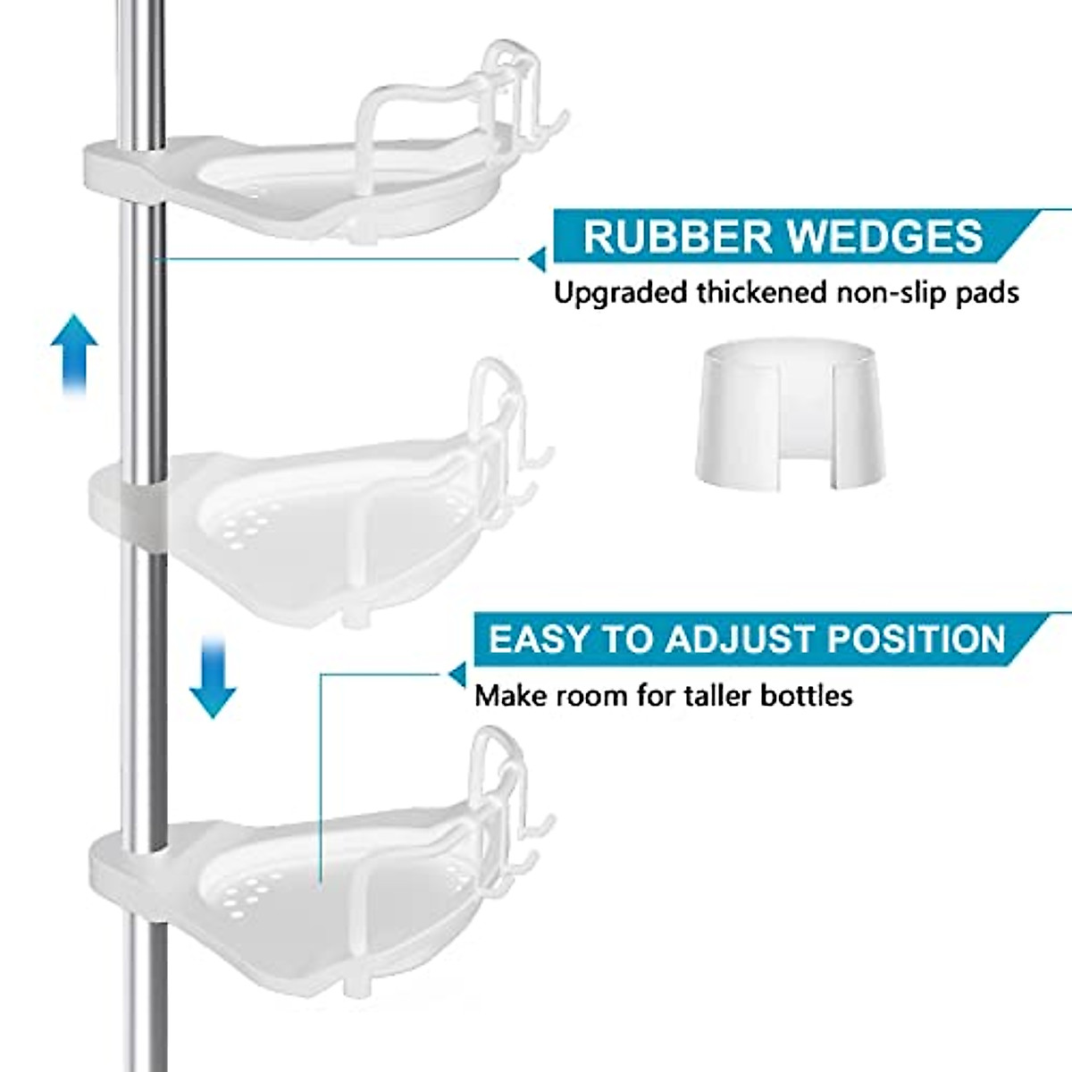 DYN Ptah Shower Caddy Corner - 5-Tier 95-116 Inch Rustproof Adjustable, Stainless Steel Tension Pole Shower Caddy Corner for Bathroom Storage, White