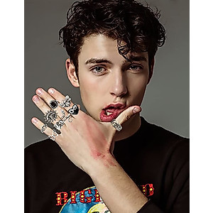 ZOVOLI 42-45PCS Vintage Sliver Goth Punk Rings Set for Women Men Cool Gothic Ring Pack Y2K Open Chunky Knuckle Emo Rings Skull Snake Flower Butterfly Trendy Stackable Rings for Gift (45PCS)