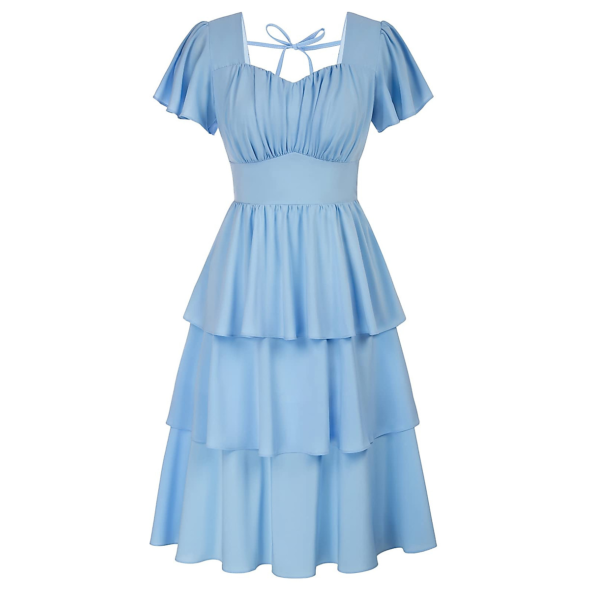 Short Sleeve Elegant Cocktail Party Dress 1950s Retro Square Neck Smocked Waist Tiered Layered Dress Light Blue XL