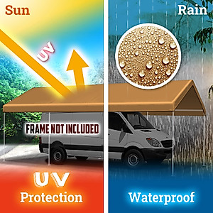 YardGrow 12x20ft Carport Canopy Replacement Cover Garage Tent Tarp Waterproof & UV Protected with Bungees, Frame Not Included (Tan)