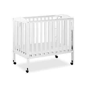 Dream On Me 3 in 1 Portable Folding Stationary Side Crib in White, Greenguard Gold Certified, Safety Wheel with Locking Casters, Convertible, 3 Mattress Heights