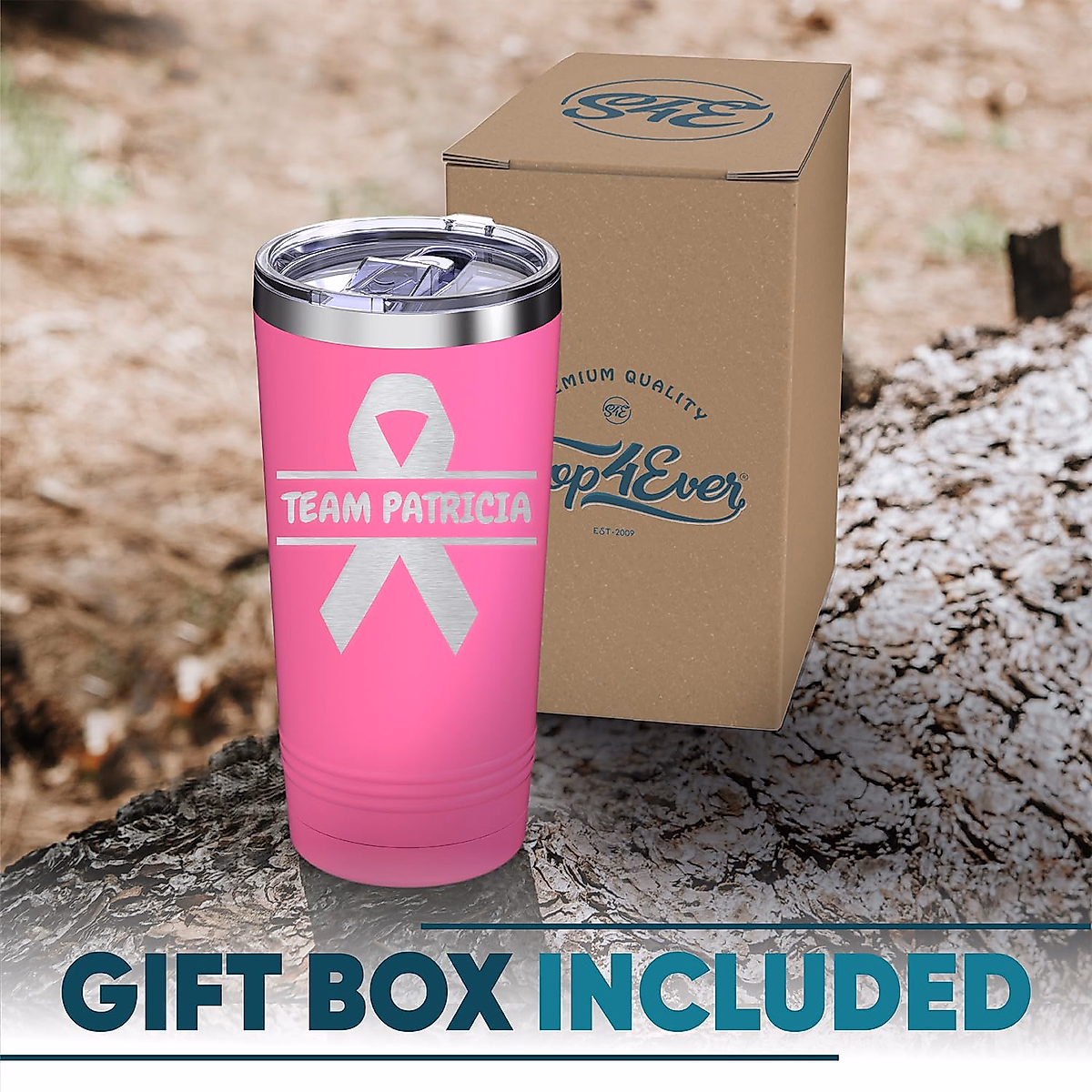 Personalized Custom Breast Cancer Ribbon Your Name Insulated Tumblers 20 oz. with Lid, Stainless Steel Cups Travel Coffee Mug (Pink)