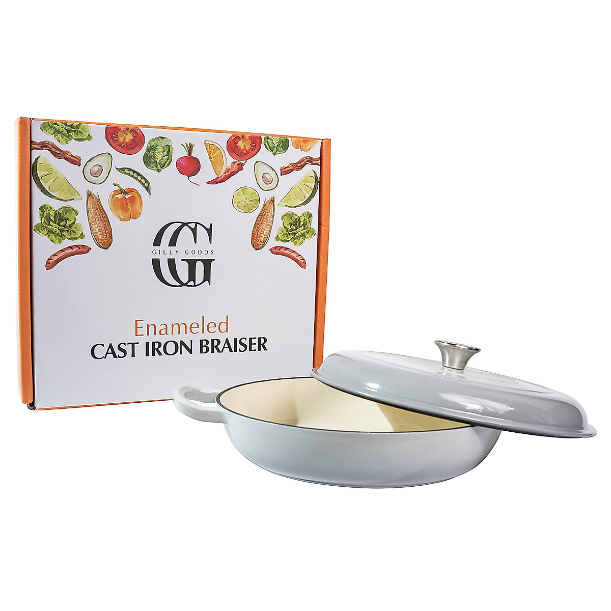 Gilly Goods Braiser, 3.6 Quart Enameled Cast Iron Dutch Oven, Grey Enamel Coated Skillet, Casserole with Lid, Round Braising Pan, Cookware for One Pot Meals