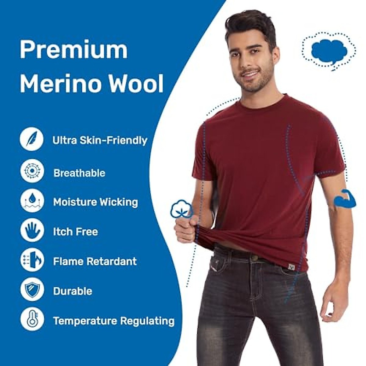 MERINNOVATION Merino Wool T-Shirt Mens Wicking Merino Wool Undershirt Lightweight Base Layer (Wool Socks Included Cabernet