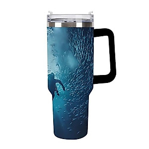 Hawaii Diver And Fish Tumbler with Handle Travel Mug Water Bottle Tea Coffee Cup Black-style