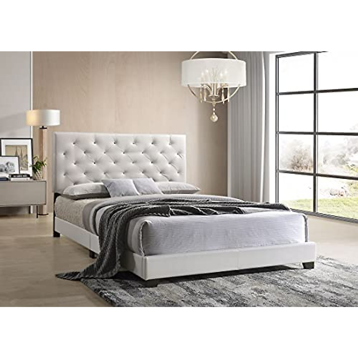 Happy Homes Lexi Upholstered Bed Frame with Headboard /Diamond Button Tufted /Faux Leather /Wood Slats Included /Easy Assembly/Box Spring Platform Needed /Works with Memory Foam Mattress Twin White