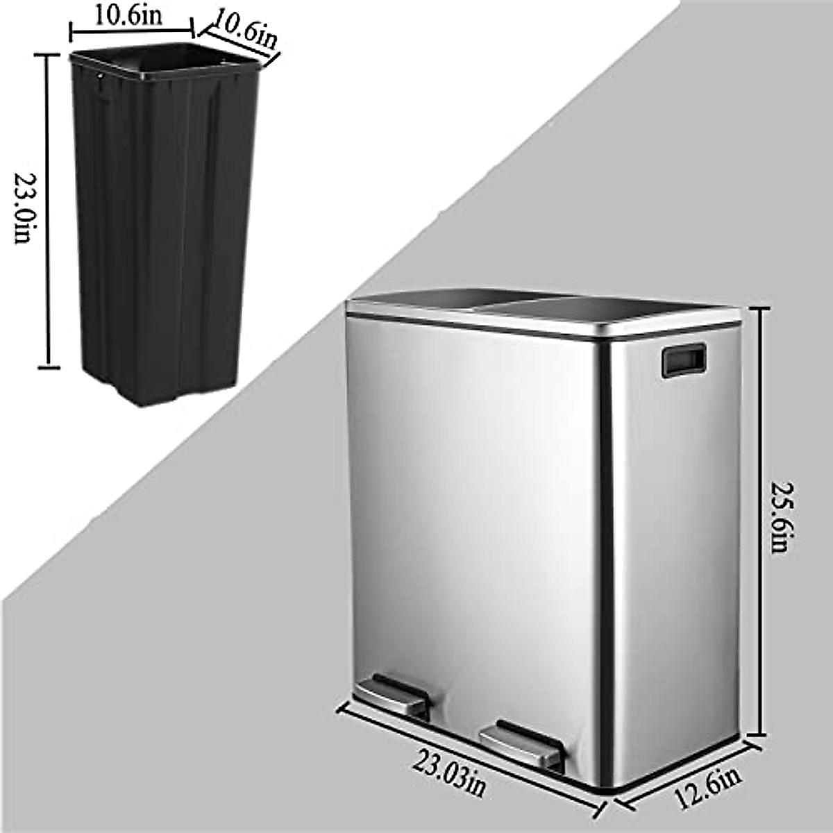 Increkid Dual Trash Can, 16 Gal Stainless Steel Rubbish Bin, Large Garbage Cans for Kitchen with Recycling Bin, Recycle Dustbin w/Removable Inner Buckets, Soft-close and Airtight Lid, Handles, 60L (Silver)