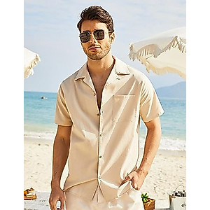 COOFANDY Men Beach Linen Shirts Boho Hippie Shirts Summer Cotton Tops Big and Tall A- Khaki