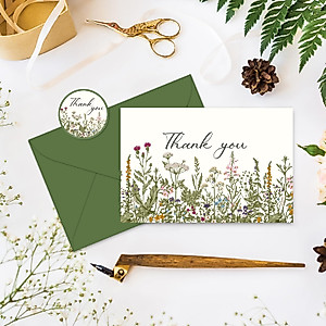 Whaline 24 Pack Vintage Wild Floral Thank You Cards Bulk Retro Botanical Green Leaves Herbs Greeting Cards with Envelope Sticker for Birthday Wedding Baby Shower Bridal Shower