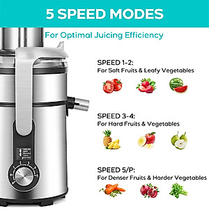 CASABREWS Juicer Machine, 1300W 5 Speeds Centrifugal Juicer Extractor with Large 3.2" Feed Chute for Whole Vegetables and Fruits, Stainless Steel Juicer Maker with LCD Screen, Gift for Mom Women Wife