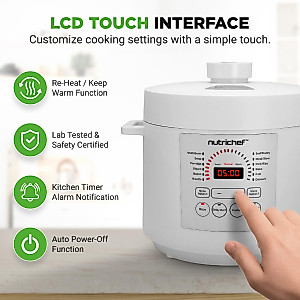 NutriChef Electric Pressure Cooker 6 Quart Capacity | 9 Function Digital Countertop Pressure Cooker | Adjustable Time & Temperature | Cook, Bake, Steam, Broil, & Braise | 13.1 x 11.4 IN | White