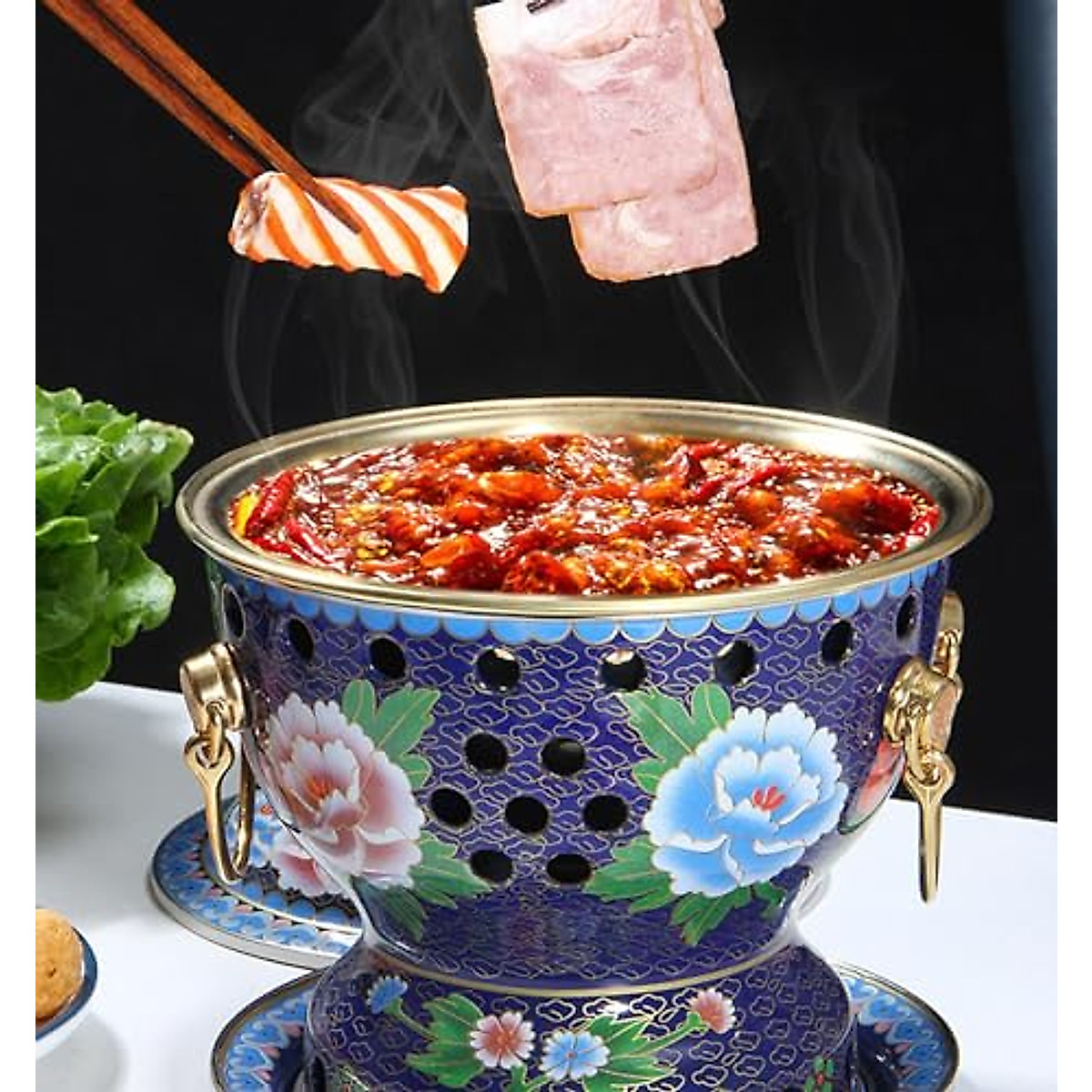 VIDECOR Chafing Dishes Single Person Small Copper Pot Old Beijing Small Fat Cow Hot Pot Chinese Traditional Cloisonne Hot Pot Commercial Alcohol Shares Red Copper Hot Pot,F