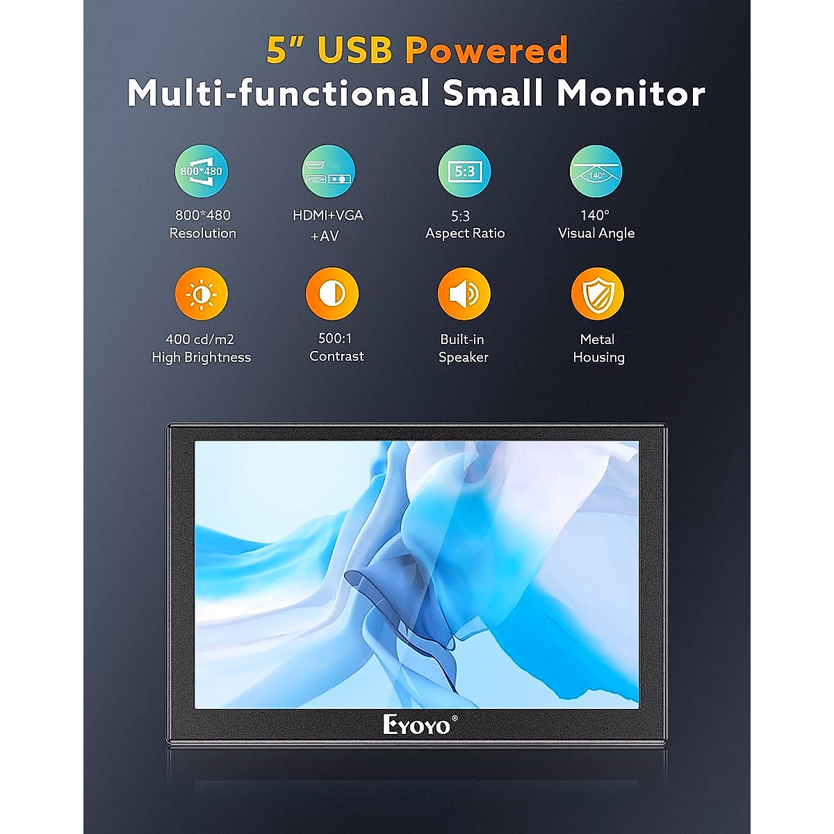 Eyoyo 5 inch Monitor, 800x480 Mini TFT LCD Screen Small Camera Video Monitor 1/4 Screw Hole with HD/VGA/AV Video Input for Car PC DVD DVR CCD DSLR-140° Wide Angle Metal Housing