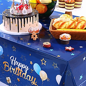 Tegeme Navy Blue Party Supplies Blue Stars Happy Birthday Tablecloths Blue Starry Confetti Table Covers for Kids Boys Girls Baby Shower Birthday Party Decorations (Navy Blue and Gold, 3 Pack)