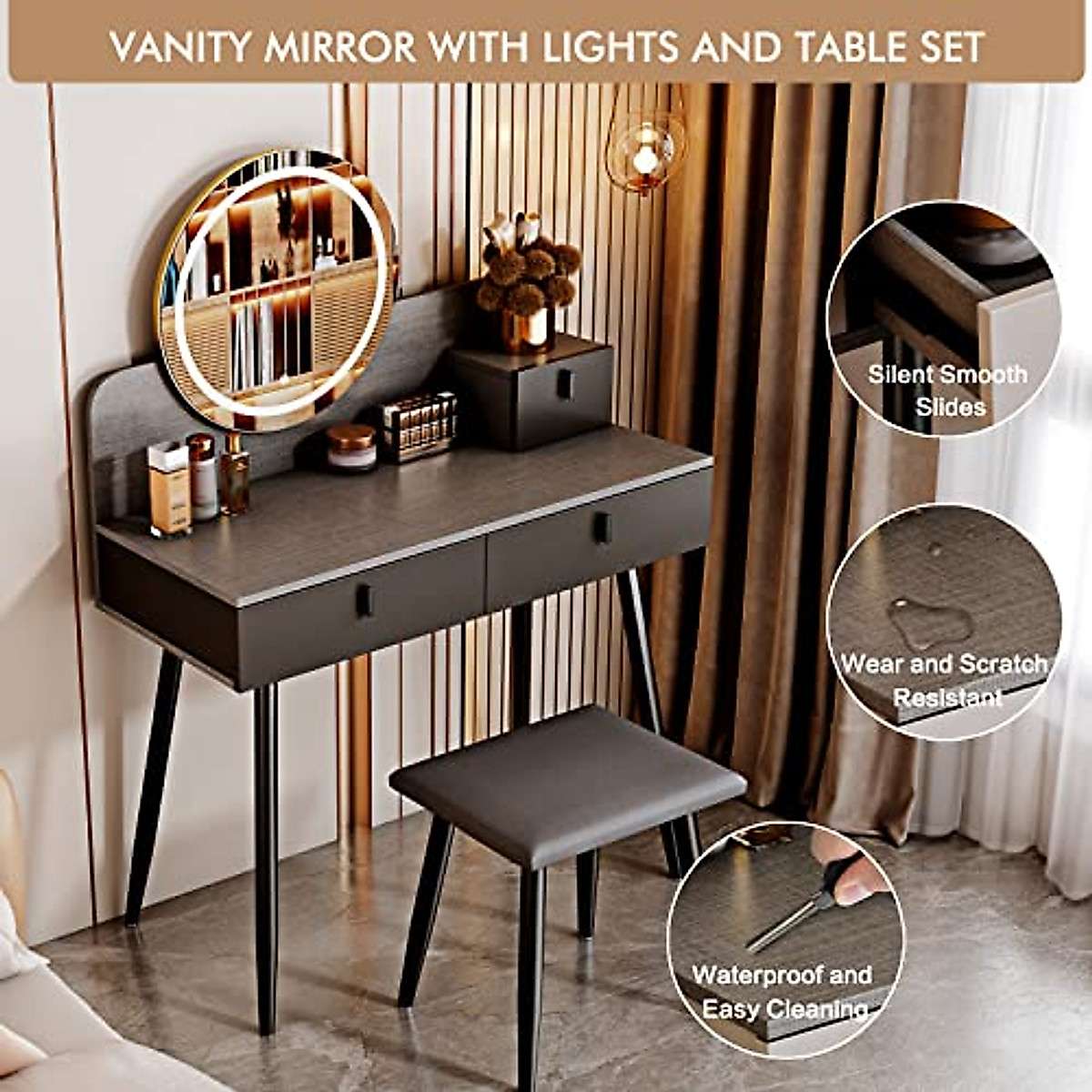 DOLILO 35" Makeup Vanity Desk with Mirror and Lights and Table Set with Vanity Stool 3 Sliding Drawers 3 Modes Brightness Adjustable, (Iron Grey)