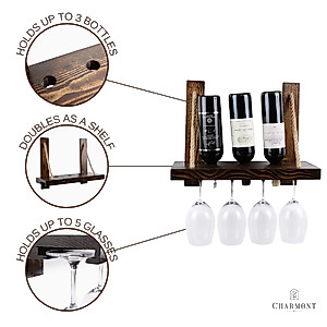 Charmont Wooden Rustic Wine Rack - Floating Wall Mounted Rope Hanging Wine & Glass Shelf, Perfect Home Bar Kitchen Storage Or Nautical Décor Wedding Gift (Burnt Dark Walnut Finish 3 Bottles & 5 Cups)