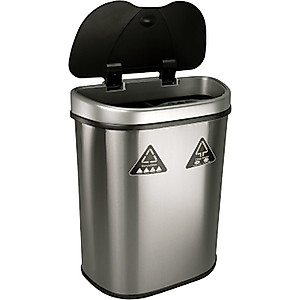 NINESTARS Automatic Touchless Infrared Motion Sensor Trash Can/Recycler with D Shape Silver/Black Lid & Stainless Base, 18 Gal, Stainless Steel