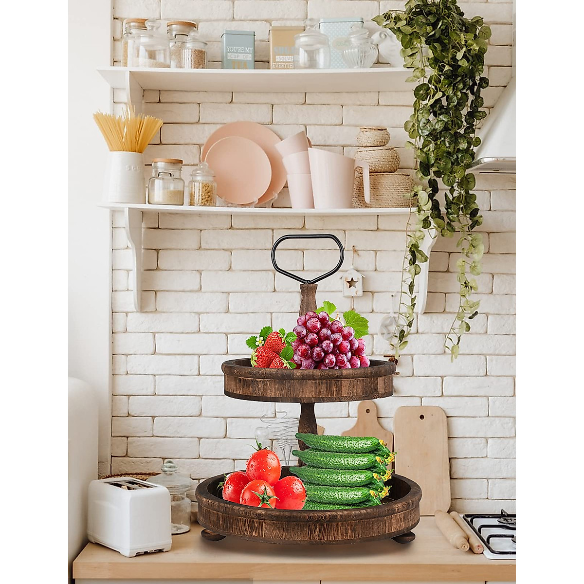 Tiered Tray Decor, Farmhouse Tiered Tray Round Brown Wooden Rustic Ornaments, Two Tiered Tray for Coffee Plate Cakes Dessert Fruit Platters