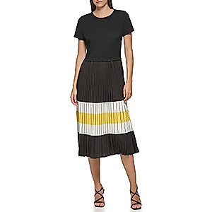 Karl Lagerfeld Paris Women's Pleated Printed Midi Dress, Black Lemon Chrome Soft White