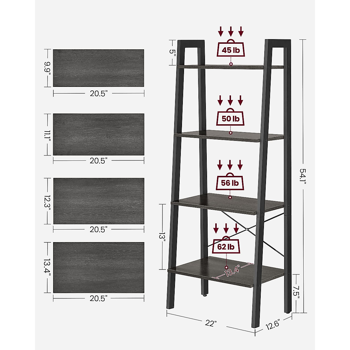 VASAGLE Ladder Shelf, 4-Tier Bookshelf, Storage Rack, Bookcase with Steel Frame, for Living Room, Home Office, Kitchen, Bedroom, Industrial Style, Charcoal Gray and Black ULLS044B04
