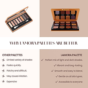 Lamora Nude Bronze Eyeshadow Palette - 12 Warm Brown Highly Pigmented Shimmer & Matte Shades - Travel Size Makeup Palette with Mirror