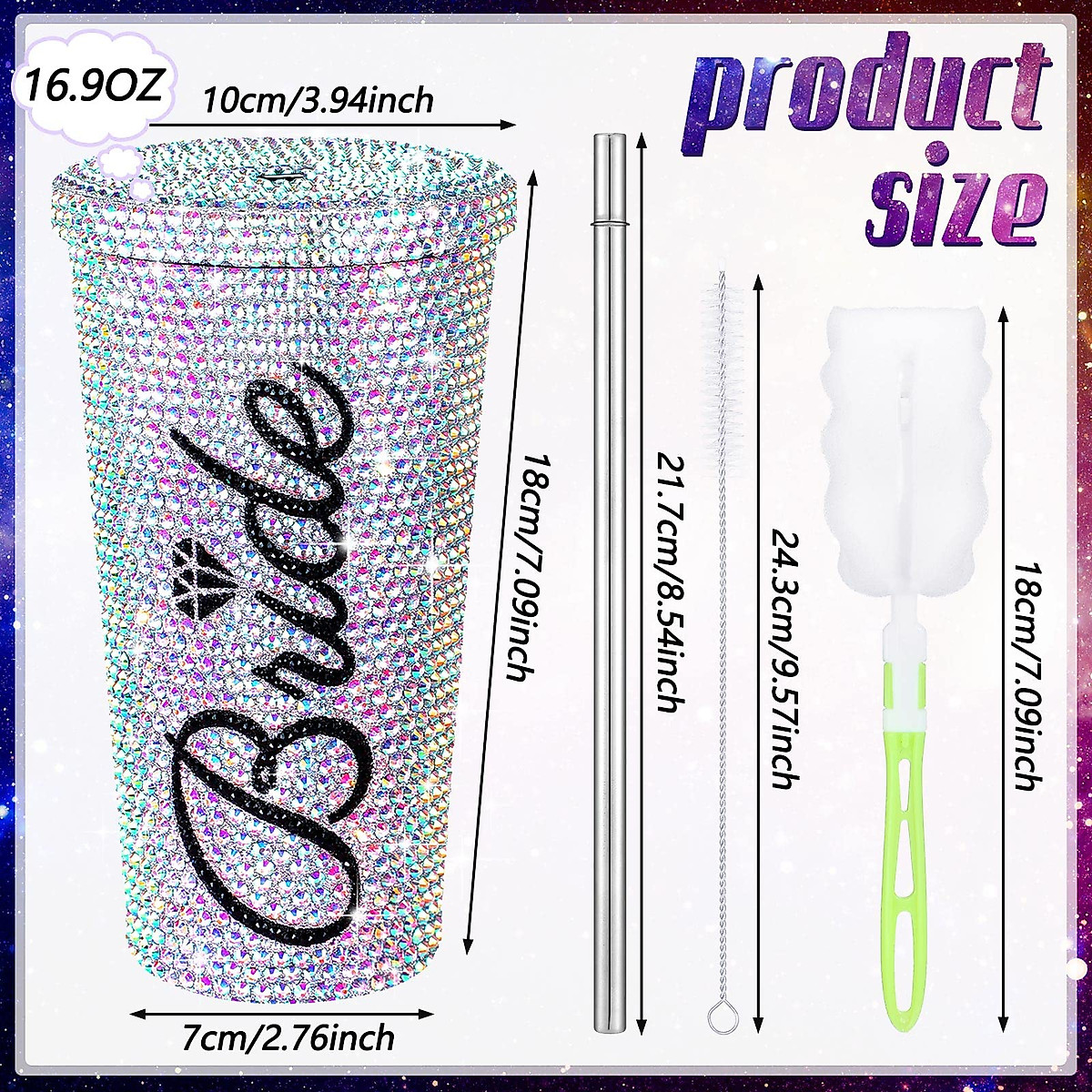 Hoolerry Bling Studded Rhinestone Tumbler Glitter Diamond Cup 16.9 oz Stainless Steel Insulated Reusable Water Bottle with Straw Lid and Brush for Women Bachelorette Shower Wedding Gift(Bride)