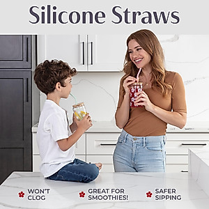 Drinking Glasses with Bamboo Lids - 16oz Glass Cups with Airtight Lid and Wide Silicone Straws - Set of Four - Can Shape Glassware with Fun Designs