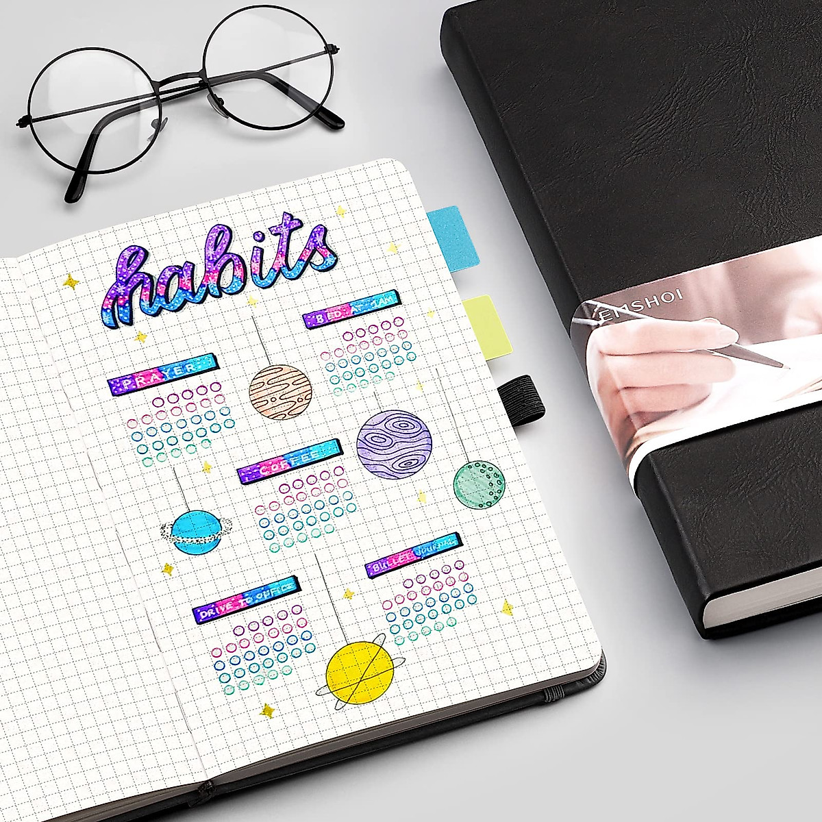 EMSHOI Graph Paper Notebook - 256 Pages A5 Graph Notebook/Journal, Hard Cover, 120gsm Thick Paper, Smooth PU Leather, Inner Pocket, 5.75'' × 8.38''-Black