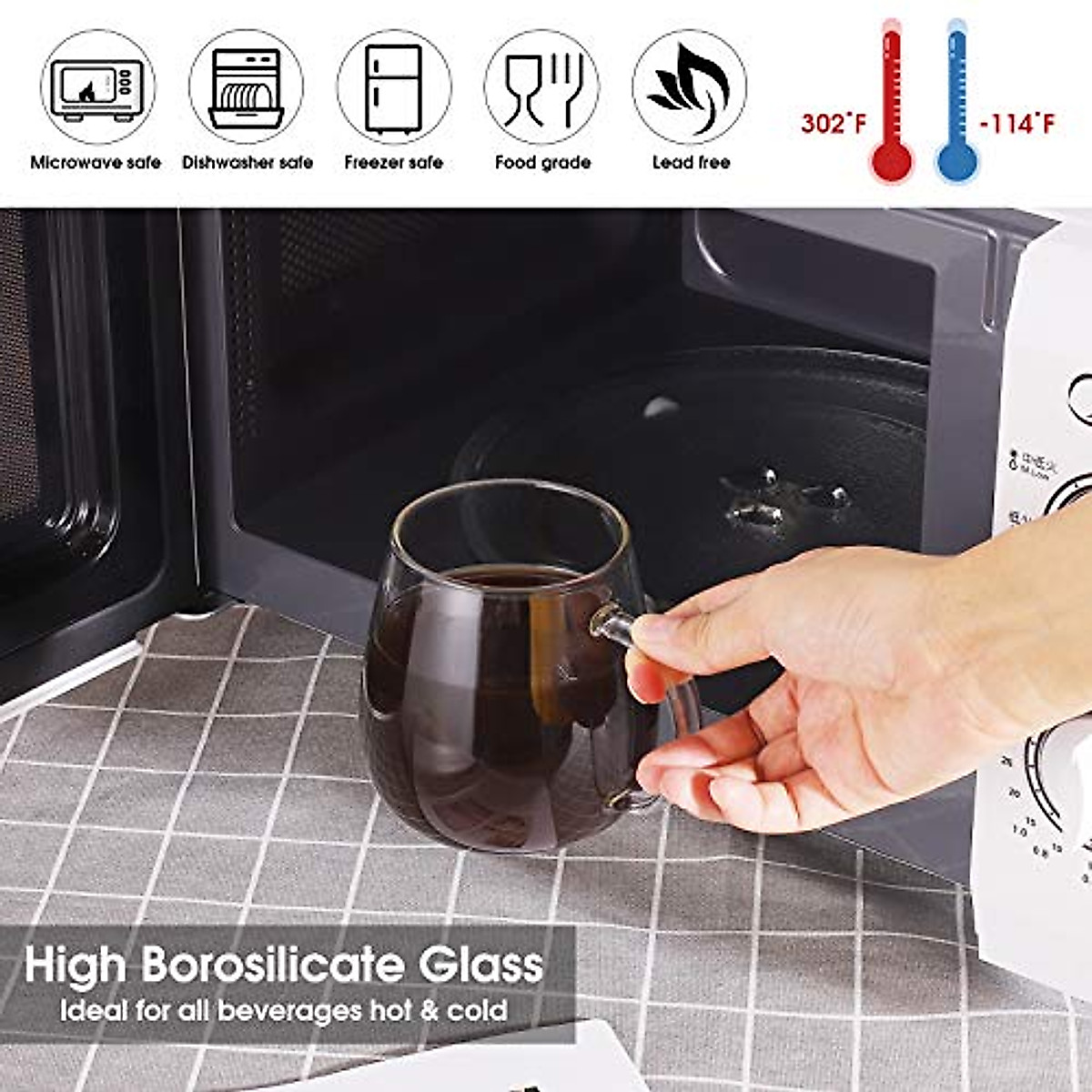 Farielyn-X Glass Coffee Mugs Set of 6, Microwave Safe Borosilicate Glass Cups, 15 Ounce Large Mugs Gifts for Family, latte, Chocolate & Beverage, Mocha, Cappuccino, Tea and Water, Clear Drinking Cups