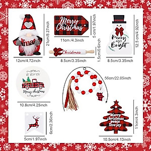 13 Pieces Christmas Tiered Tray Decor Set Christmas Decorations Indoor Winter Wooden Tabletop Signs Red and Black Buffalo Plaid Theme Decor Gnome Snowman Christmas Tree for Christmas Farmhouse Decor