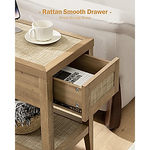 SICOTAS Rattan Nightstands Set of 2 - Boho Night Stand with Type-C Charging Station & Rattan Drawer - Bed Side Table End Table for Bedroom Living Room - Natural Oak
