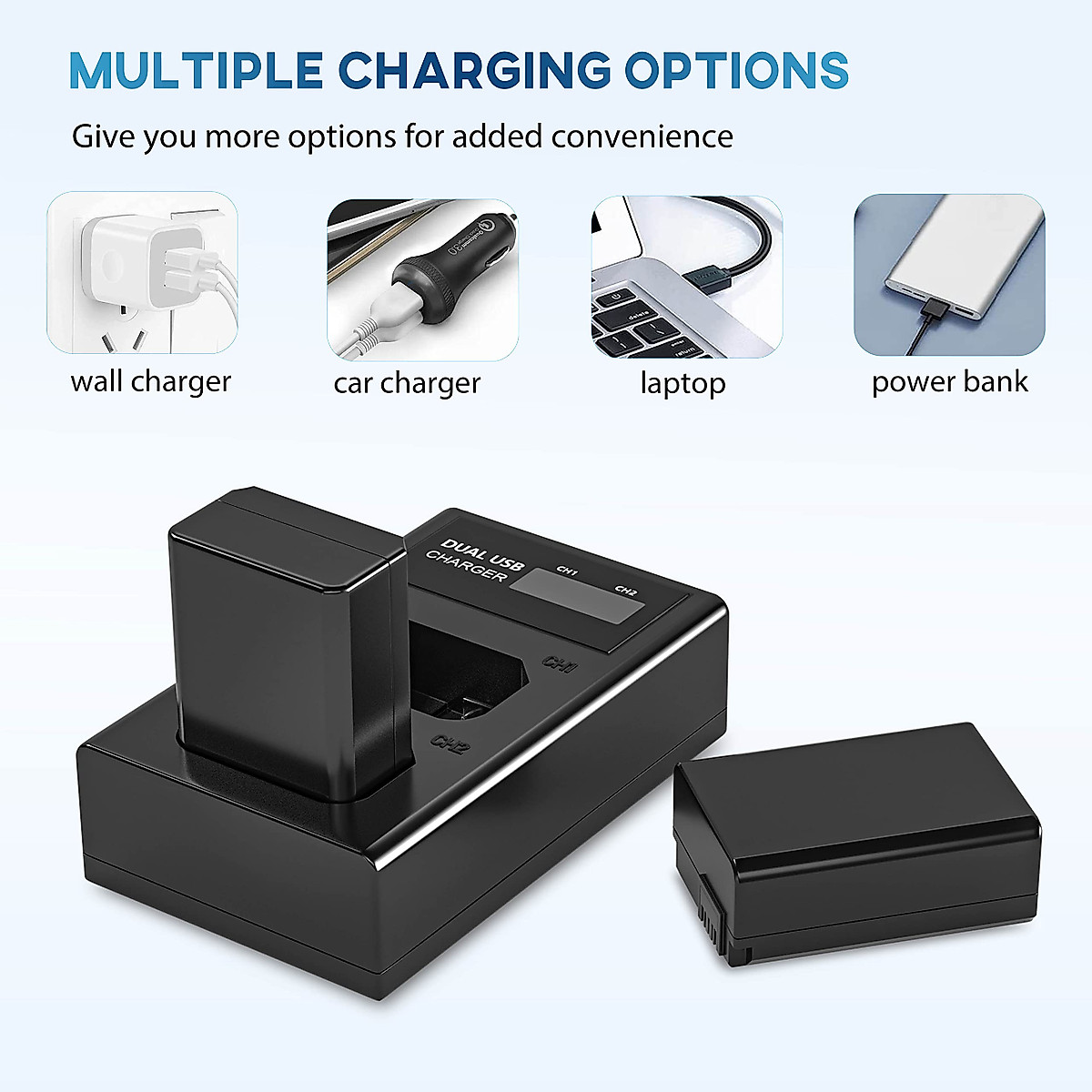 2-Pack NP-FW50 Battery Replacement for Sony ZV-E10,A6000,A6300,A6400,A6500,A7, A7S, A7R, A7 II, A7S II, A7R II, RX10, NEX-7, NEX-6, NEX-5,NP-FW50 Batteries with USB-C NP-FW50 Battery Charger