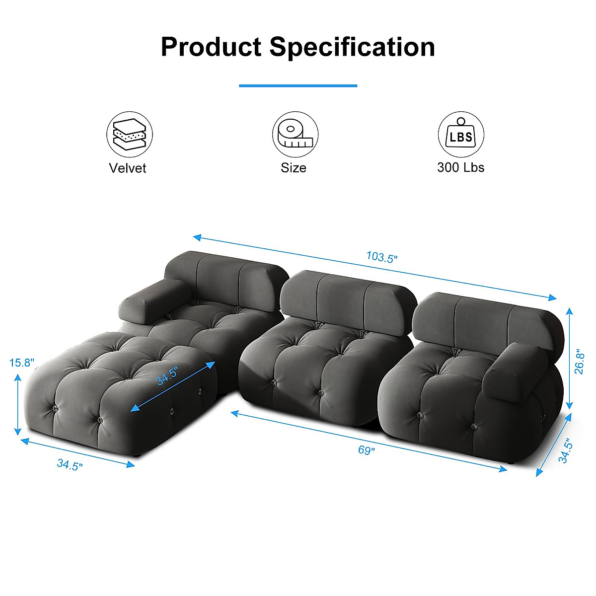 PUREMIND Bubble Couch 103 Inches,Funky Velvet Bubble Sofa Convertible Modular Sectional Couch, Modern L Shaped 3 Seater Bubble Sofa,DIY Cool Cloud Couches for Living Room Bedroom Apartment (Dark Grey)