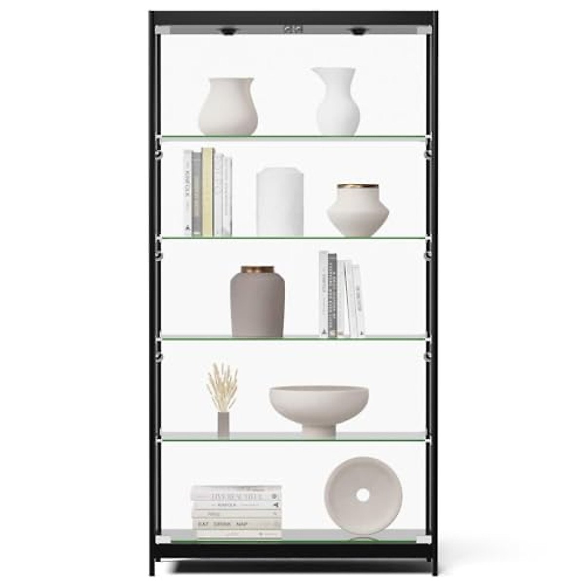 Displays2go Black LED Trophy Showcase, Locking, LED Lighting, Tempered Glass, Laminated MDF & Aluminum – Black (LESC10478B)