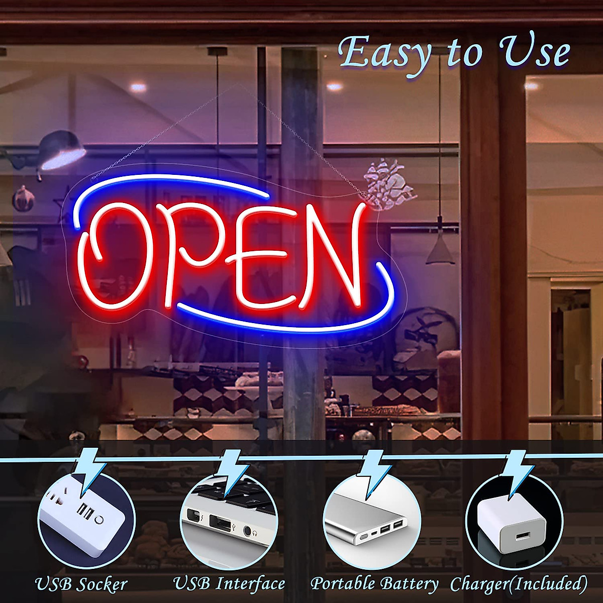 HAJAE Open Signs for Business, 16.5"x 8.4" Dimmable Neon Open Sign, USB Powered Large Open Signs for Party Bar Salon Stores Offices Wall Decor, Open Sign Led