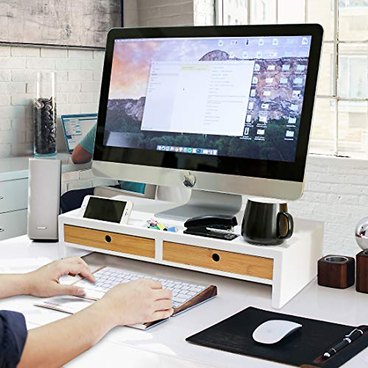 Computer Monitor Stand with Drawers - White Wood Laptop Screen Printer TV Riser 22.05L 10.60W 4.70H inch, Desk Organizer in Home&Office