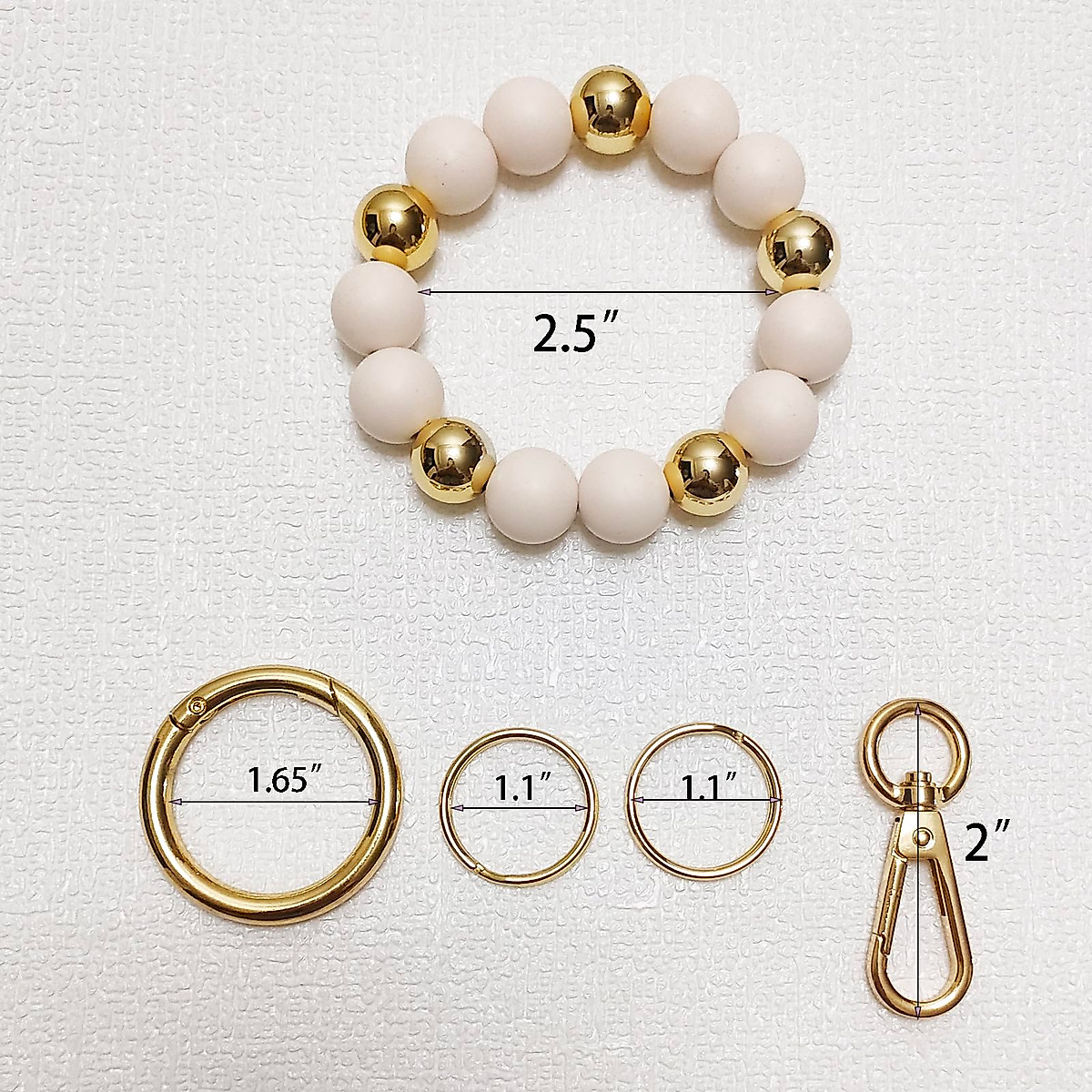Junyuerly Wristlet Keychain Silicone Beaded Key Ring Bracelet for Women Elastic Bangle Key Chain Holder (Gold bead + white bead)