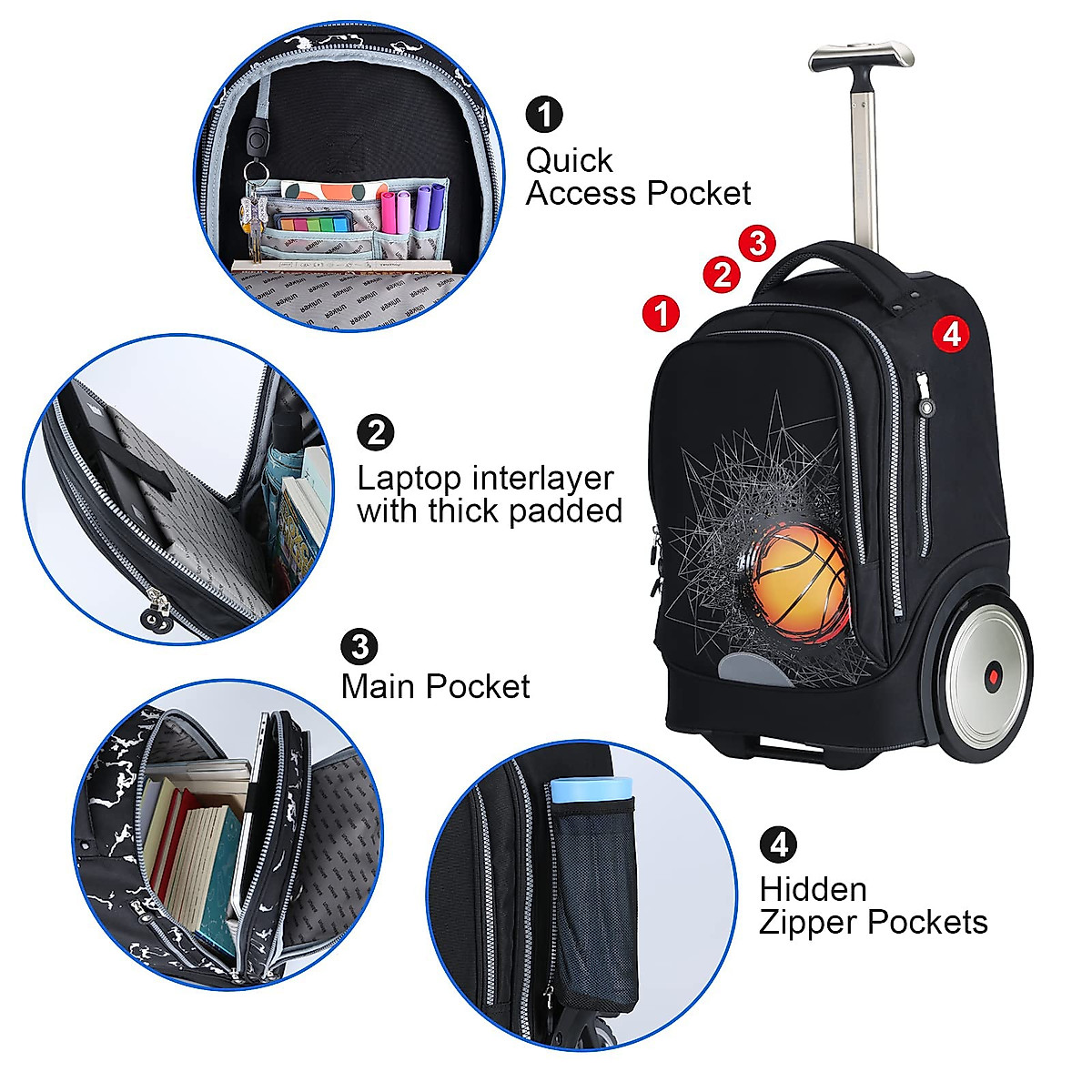 UNIKER Rolling Laptop Bag for 14 Inch Laptop,19 Inch Roller Bookbag for Girl Boy,Wheeled Computer Bag,Suitcase on Wheels,Trolley School Bag Grey,Schoolbag with Wheels