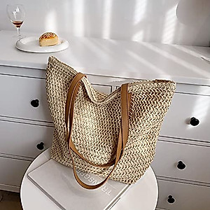 VODIU Women Straw Tote Woven Handbag Large Summer Beach Handmade Weaving Shoulder Bag Shopper Bohemia