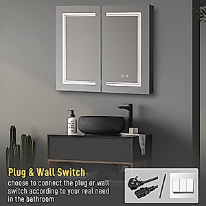 FCH Bathroom Medicine Cabinet with Dimmable LED Mirror, 32"×28" Anti-Fog LED Lighted Mirror Bathroom Cabinet Wall Mounted with 2 Outlets 2 USB Ports 2 Inside and Outside Mirror Doors
