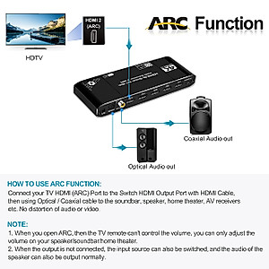 NEWCARE 4K@60Hz 4x1 HDMI Switch Audio Extractor with Optical Toslink SPDIF/Coaxial/3.5mm Audio Out, 4 Ports HDMI 2.0b Switcher with Remote Control Support ARC, HDCP 2.2, 3D, for Xbox, Fire Stick, PS5