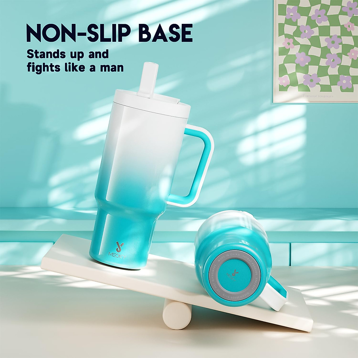 Meoky 32 oz Tumbler with Handle and Flip Straw, 100% Leakproof Tumbler with Lid and Straw, Stainless Steel Insulated Cup, Cupholder Friendly, Keeps Cold for 24 Hours (Azure)