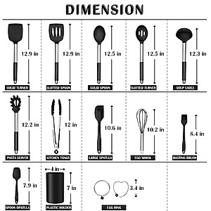 Silicone Cooking Utensils Set, E-far 14-Piece Black Kitchen Utensils Set with Holder, Kitchen Tools Spatulas with Stainless Steel Handle for Non-stick Cookware, Heat Resistant & Dishwasher safe