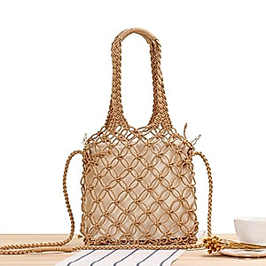 JBR Straw Crossbody Bag Cotton Rope Leisure Beach Bag Fishing Net Handbag Woven Shoulder Bag for Women Girls Purse, Khaki