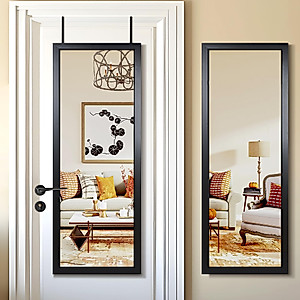 PexFix Door Mirror Full Length 51"x18" Over The Door Rectangle Sleek Black Frame Space Saving Floor Mirror Dressing Hanging Wall Mounted Mirror (US-MHJ002-BK+USAM019)