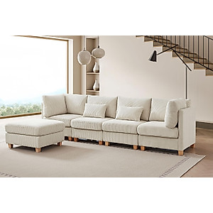 MYINDA U Shaped Sectional Couches for Living Room, 110 Inch Modular Sectional Sofa with Movable Ottoman, Corduroy Oversized Living Room Furniture Sets (Beige)