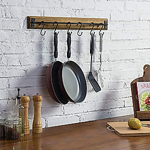 MyGift Kitchen Pot Rack, 6 Removable S-Hook Rustic Brown Wood Wall Mounted Pan Storage Rack Organizer/Cooking Utensil Display Holder