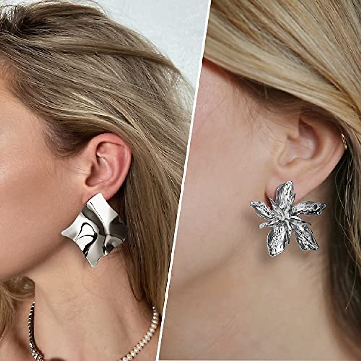 FIBO STEEL 9 Pairs 18k Gold Plated Geometric Earrings Exaggerated Statement Earrings Stylish Sectored Twisted Ginkgo Leaf Earrings for Women Silver Tone