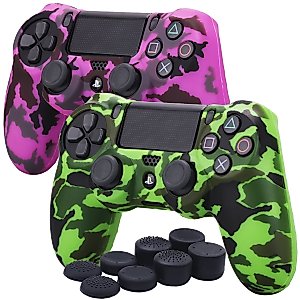 YoRHa Water Transfer Printing Camouflage Silicone Cover Skin Case for Sony PS4/slim/Pro Dualshock 4 Controller x 2(Green+Dark Pink) with Pro Thumb Grips x 8